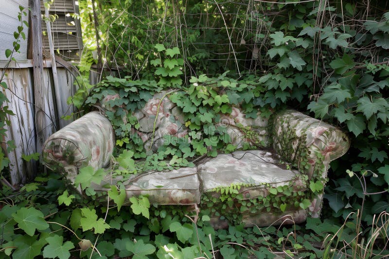 Sofa Overgrown with Vines in a Neglected Garden Stock Photo - Image of ...