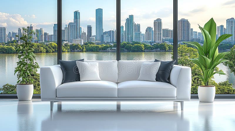 Sofa, Plants, City View, River Interior Design Scene Stock Illustration ...