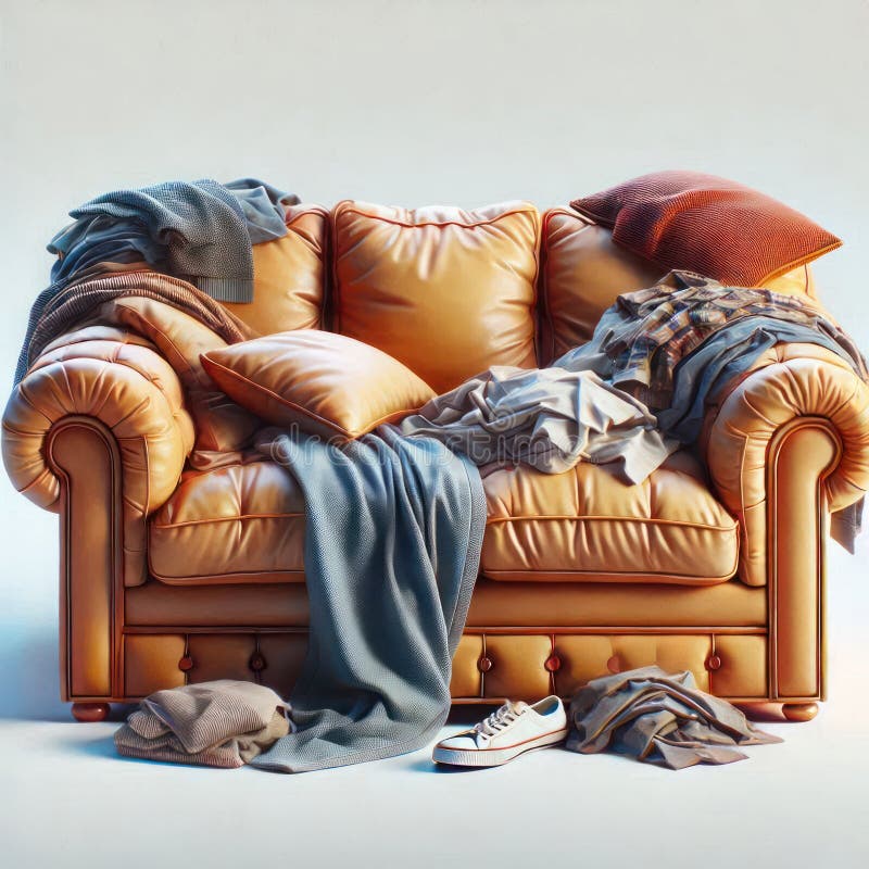 A Sofa with Scattered Clothes in a Mess. Stock Image - Image of comfort ...