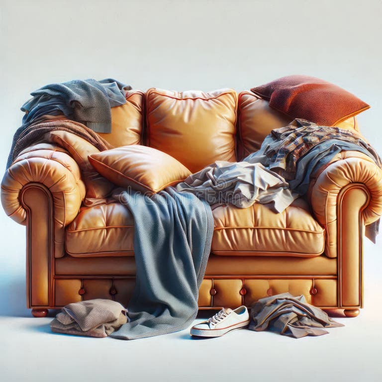 A Sofa with Scattered Clothes in a Mess. Stock Image - Image of comfort ...