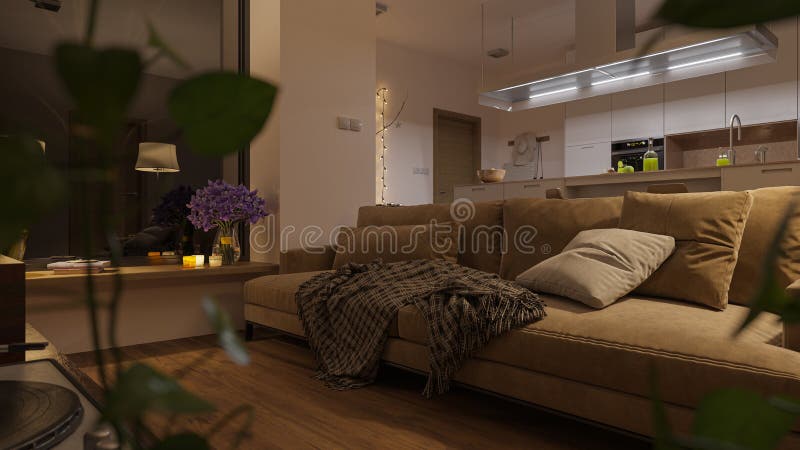 Sofa by the Window Inside a Softly Illuminated Open Plan Living Room at ...