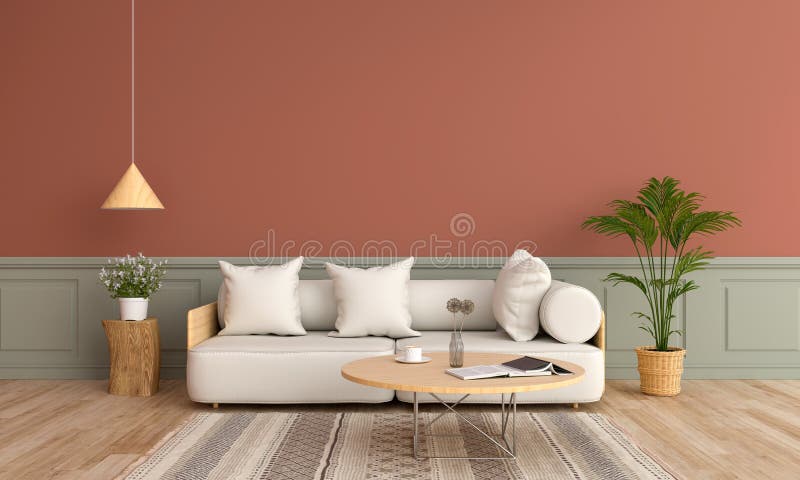 Sofa and Wood Round Table in Living Room,3D Rendering Stock ...