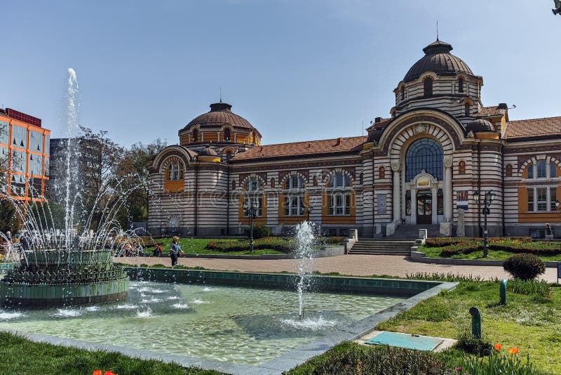 SOFIA, BULGARIA - APRIL 13, 2018: Garden Central Bath and Banski Square ...