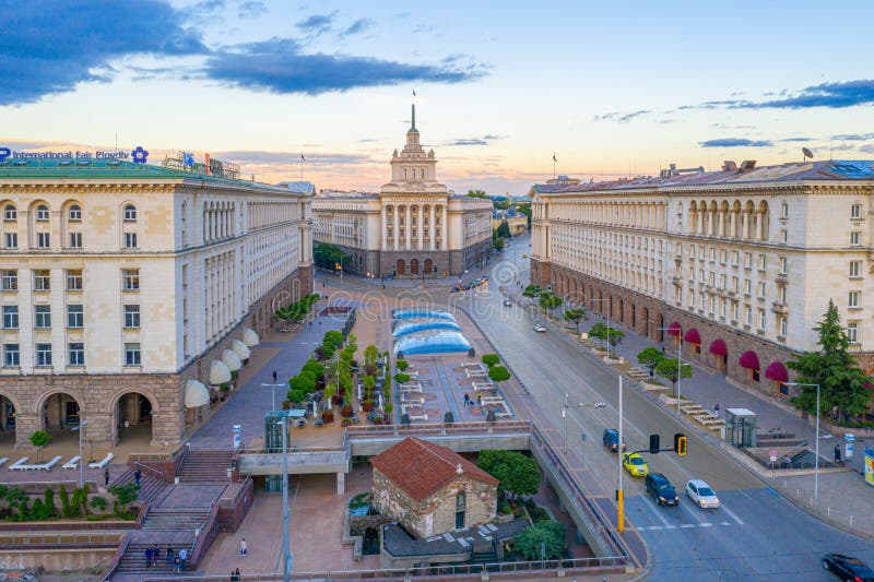 Sofia, Bulgaria, June 3, 2020: Sunset View of Largo Square in so ...