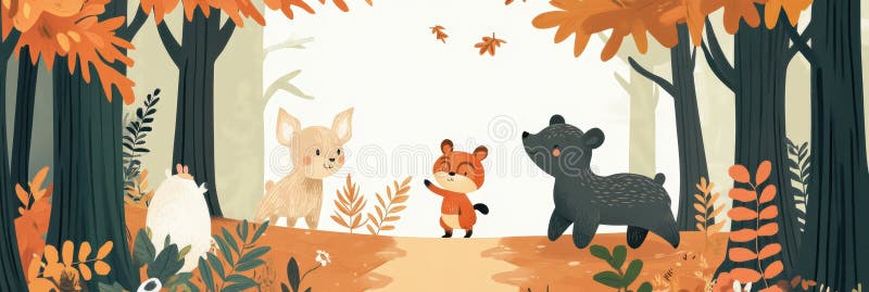 Soft Animals Explore a Forest Path Together during Autumn in a Serene ...