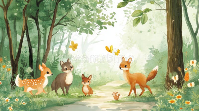 Soft Animals Exploring a Serene Forest Path Under Gentle Sunlight with ...