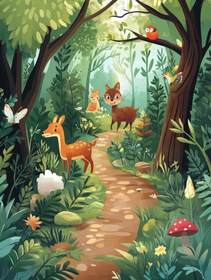 Forest Path Illustration Featuring Soft Animals Walking Together Under ...