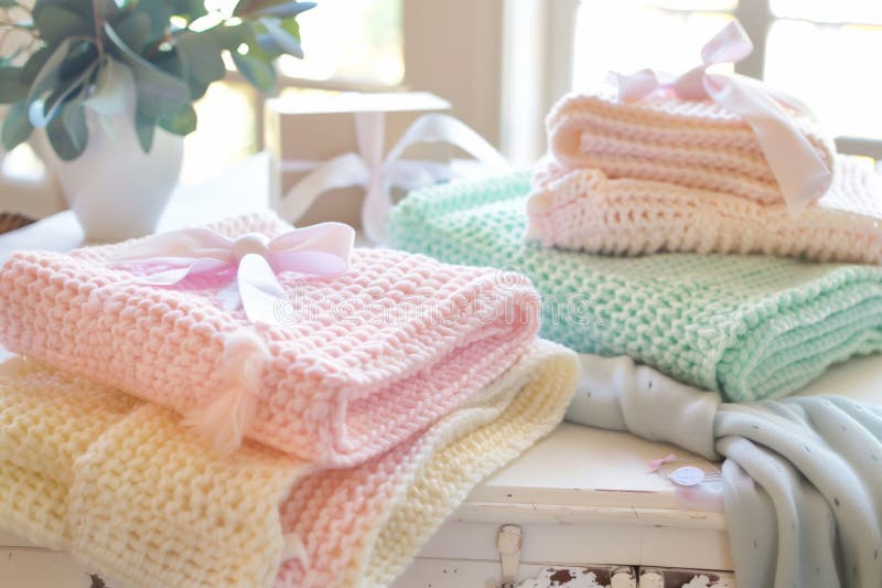 Soft Baby Blankets in Pastel Colors on a Gift Table Stock Image - Image ...