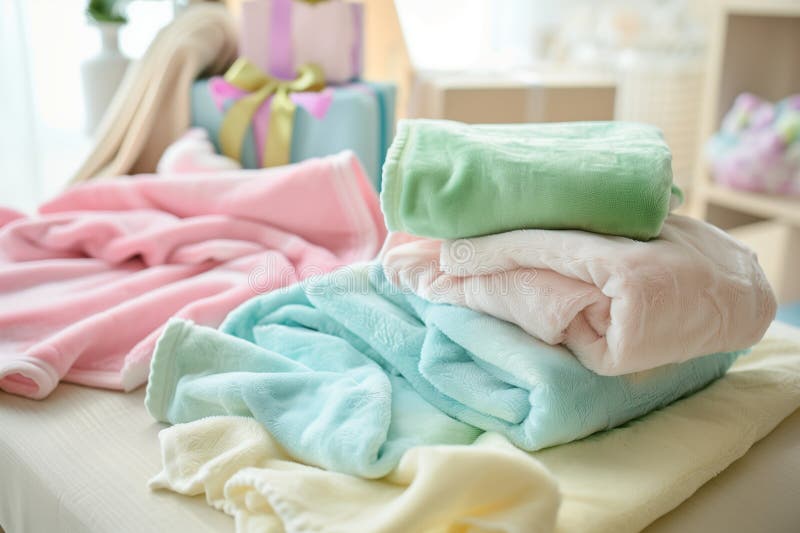 Soft Baby Blankets in Pastel Colors on a Gift Table Stock Photo - Image ...