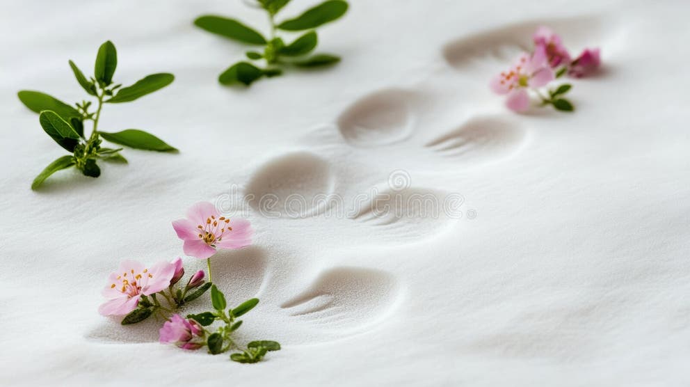 Barefoot Footprints on White Ground with Flowers Blooming from Each ...