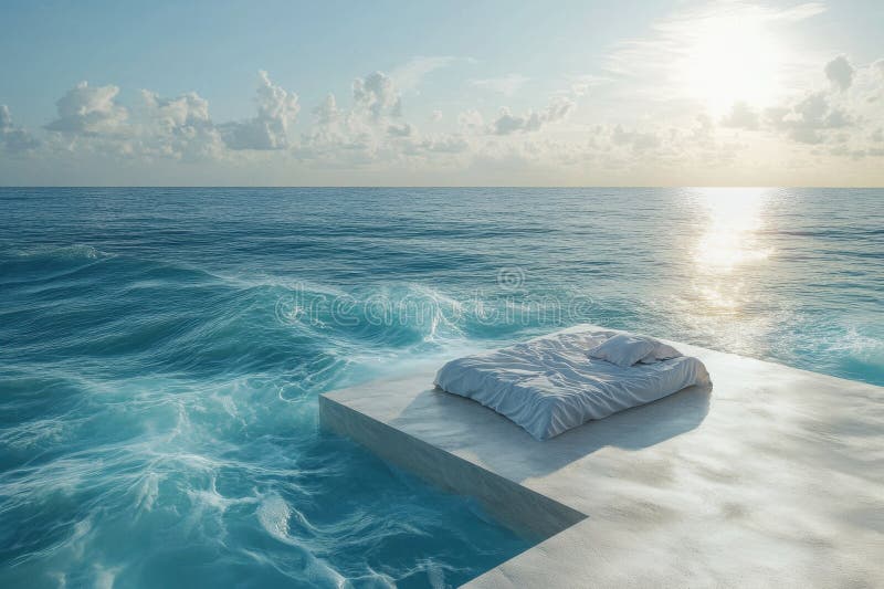 Tranquil Ocean View with a Bed on a Platform Surrounded by Gentle Waves ...