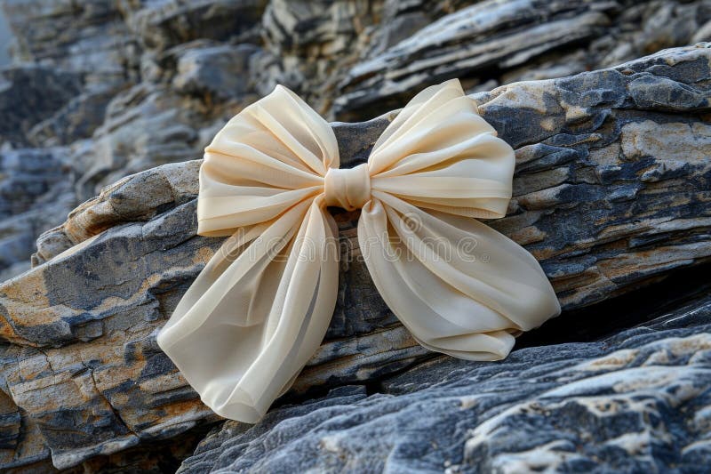 Soft Beige Bow Placed on Rugged Rocks, Symbolizing the Contrast and ...