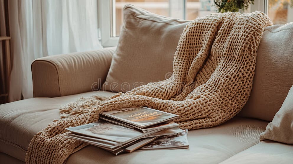 A Soft Beige Couch with a Cozy Blanket and a Stack of Magazines Stock ...