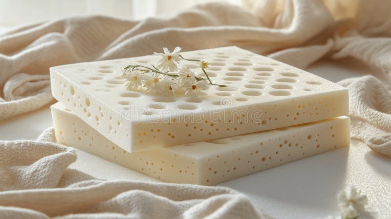 Soft Beige Fabric Layers with White Flowers on Textured Surface Stock ...