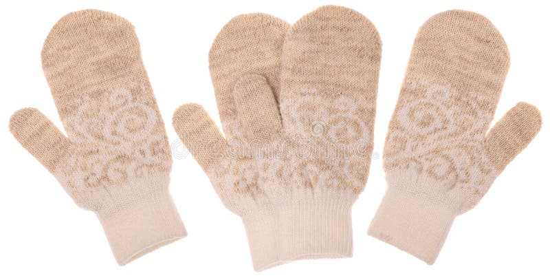 Soft Beige Winter Mittens with Decorative Design on a White Background ...