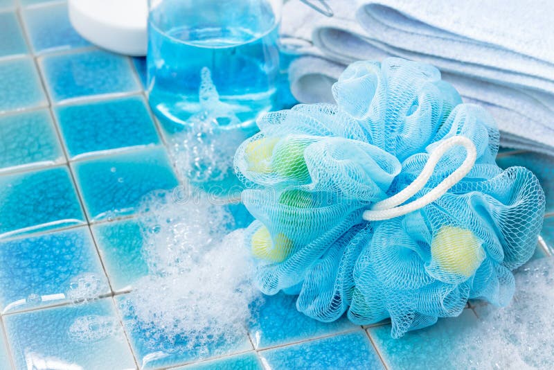 Soft Blue Bath Puff or Sponge Stock Photo - Image of toiletries, blue ...