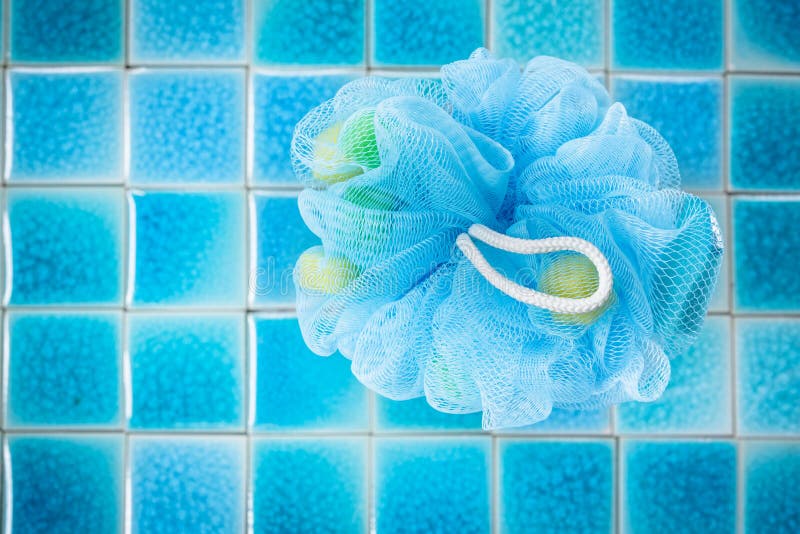 Soft Blue Bath Puff or Sponge Stock Photo - Image of toiletries, blue ...