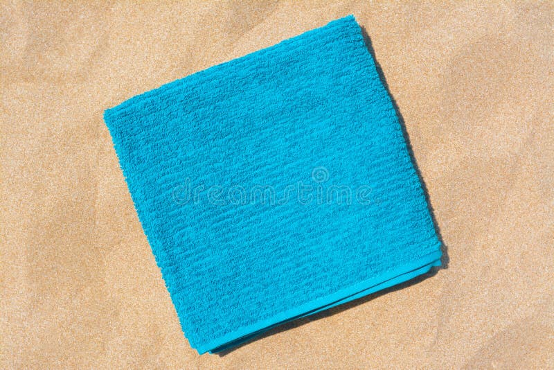 Soft Blue Beach Towel on Sand, Top View Stock Image - Image of beach ...