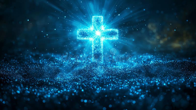 Soft Blue Beams Radiate from a Glowing Cross with Tiny Sparkles ...