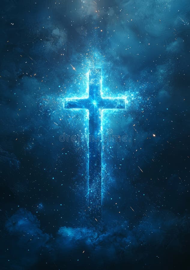 Soft Blue Beams Radiate from a Glowing Cross with Tiny Sparkles ...