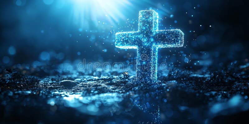 Soft Blue Beams Radiate from a Glowing Cross with Tiny Sparkles ...