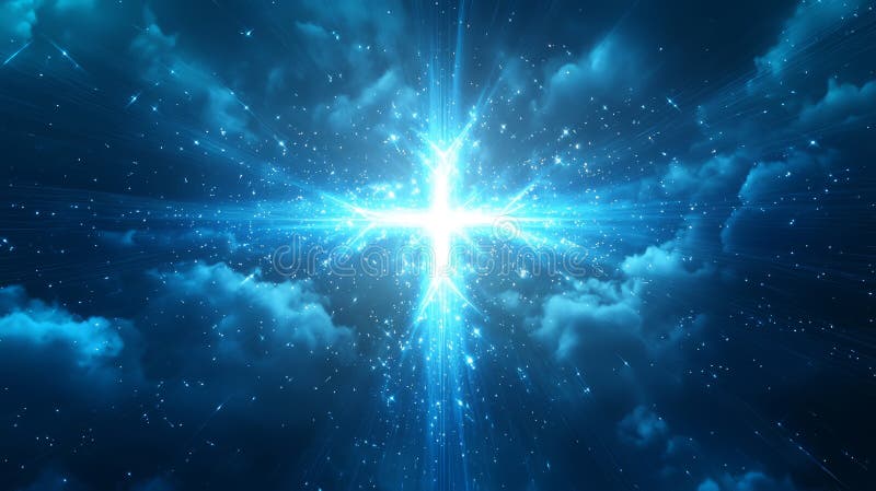 Soft Blue Beams Radiate from a Glowing Cross with Tiny Sparkles ...