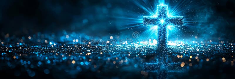 Soft Blue Beams Radiate from a Glowing Cross with Tiny Sparkles ...