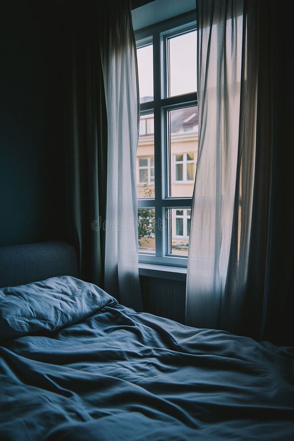 Soft Blue Bedroom with Window View Stock Photo - Image of bedroom ...
