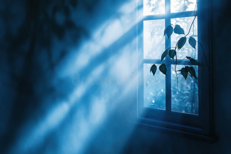 Soft Blue Light Streams through a Window with Leaves Gently Swaying in ...