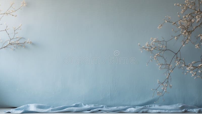 Soft Blue Linen Wall with Decorative Branches. Stock Image - Image of ...