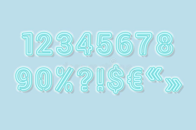 Soft Blue Neon Numbers and Special Characters Lights Off. Vector ...