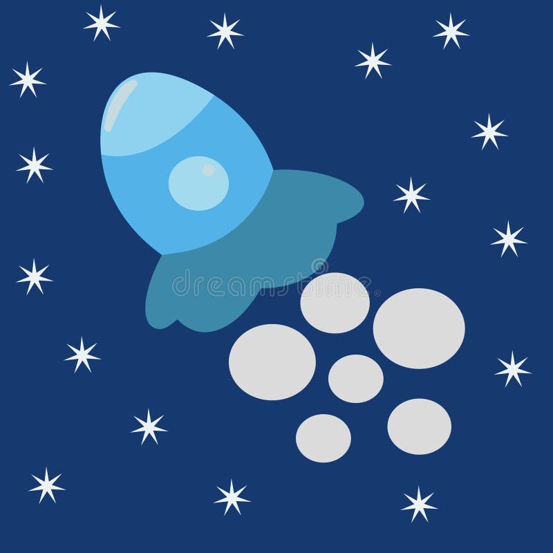 Soft Blue Rocket Flying in Space among Stars in Cartoon Flat Style ...