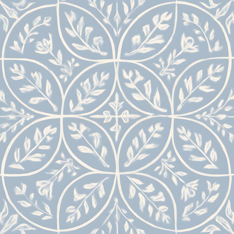 Soft Blue Tiles with a Delicate White Botanical Pattern in Circular ...