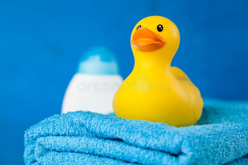 Soft Blue Towels and a Toy Duck Stock Image - Image of hygiene, swim ...