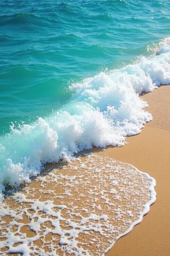 Soft Blue Wave Breaking on Fine Sandy Beach, Sunlight Gleaming ...