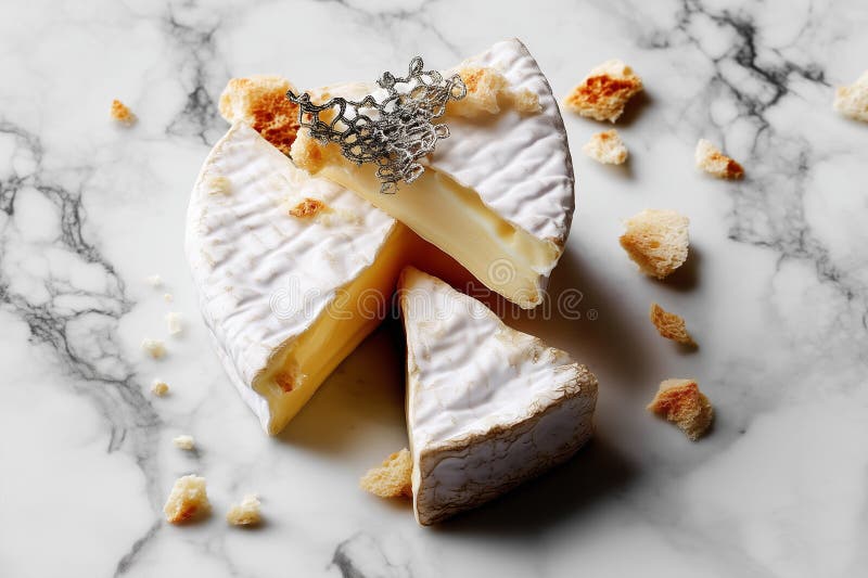 Soft Brie Cheese Wedge Cut into Pieces on Smooth Marble Surface with ...