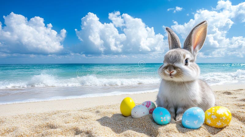 A Soft Bunny S Easter Surprise by the Beach, Pastel Eggs Hidden in the ...