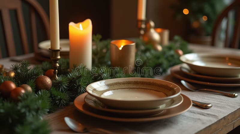 Soft Candlelight Dances on a Beautifully Set Table Adorned with Natural ...