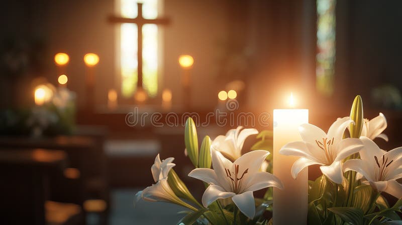 Warm Candlelit Church Interior with Easter Lilies and a Glowing Cross ...