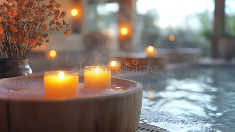 Rustic Spa Setting with Wooden Accents and Flickering Candles Creating ...