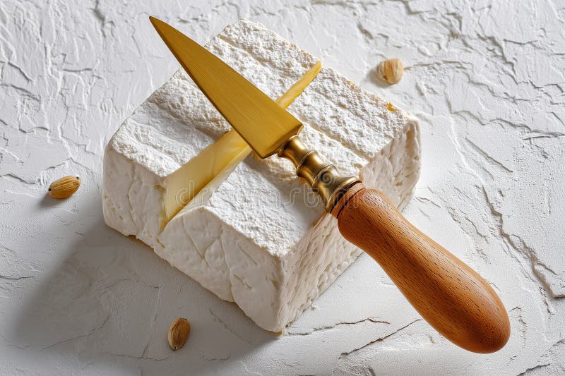Soft Cheese Block with Knife Marks Rests on Smooth White Surface ...