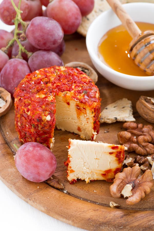 Soft Cheese and Snacks on a Board, Vertical Stock Photo - Image of ...