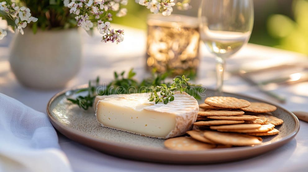 Soft Cheese Wheel with Crackers and Herbs on a Plate Outdoors in ...