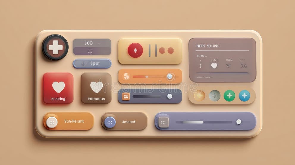 Soft Clay Ui Interface Showing Health Icons And Buttons For User Interaction In A Modern Design