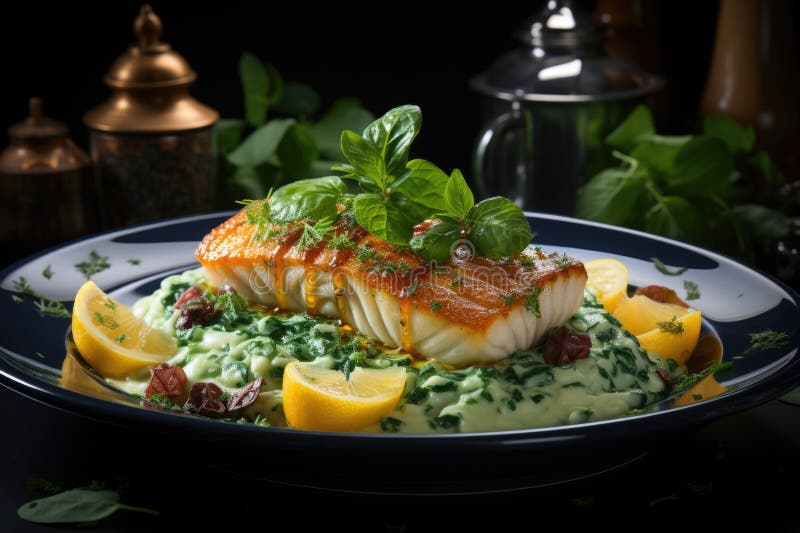 Soft Cod Dish Focus with Spinach Sauce in a Wh Stock Illustration ...