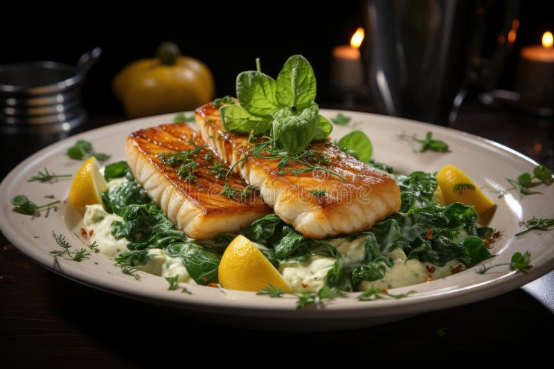 Soft Cod Dish Focus with Spinach Sauce in a Wh Stock Illustration ...