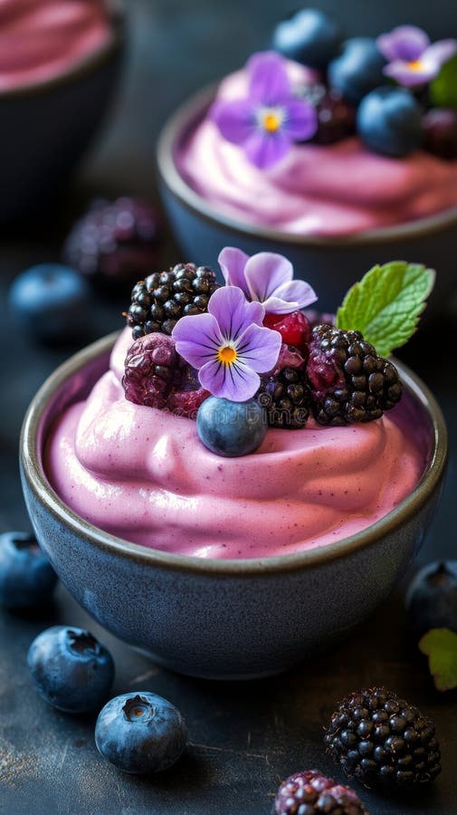 Delicious Berry Mousse Topped with Fresh Fruits and Edible Flowers ...