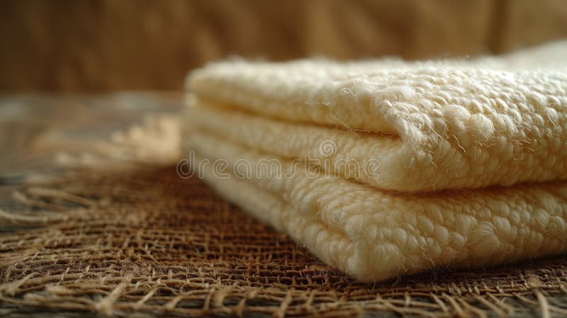 Soft Creamy Wool Fabric Folded Neatly on a Rustic Burlap Surface with ...