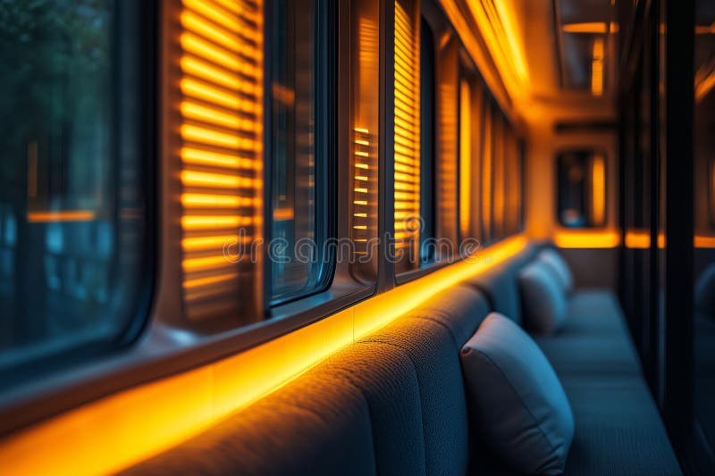 Luxurious Train Suite with Panoramic Windows Featuring Warm Ambient ...