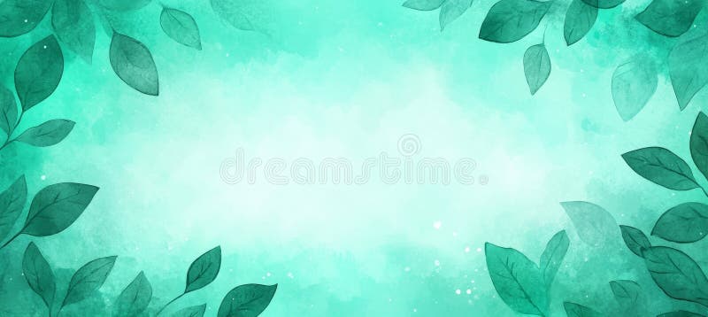 Soft Cyan Watercolor Background with Delicate, Hand-Painted Leaves and ...